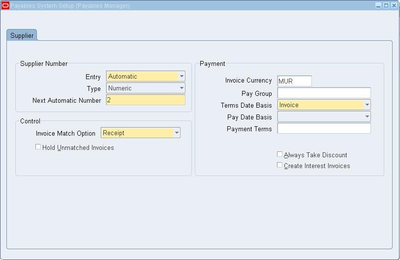 Accounts Payable Setup Payables System Setup Oracle Applications